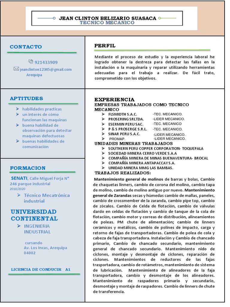 CV Belizario Suasaca Jean Clinton | PDF | Minería