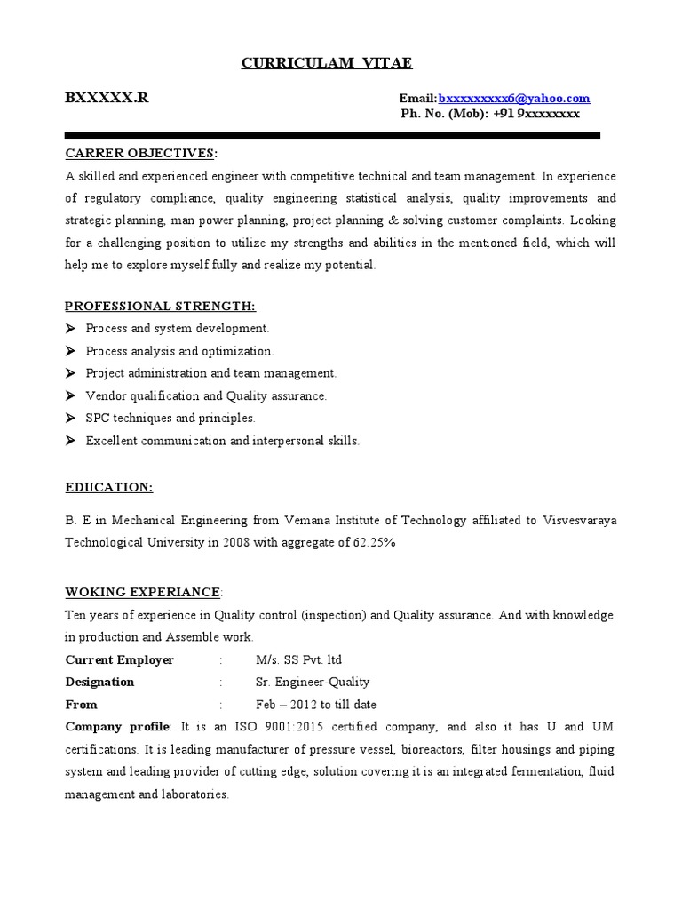 Curriculam Vitae BXXXXX.R | Download Free PDF | Iso 9000 | Quality ...