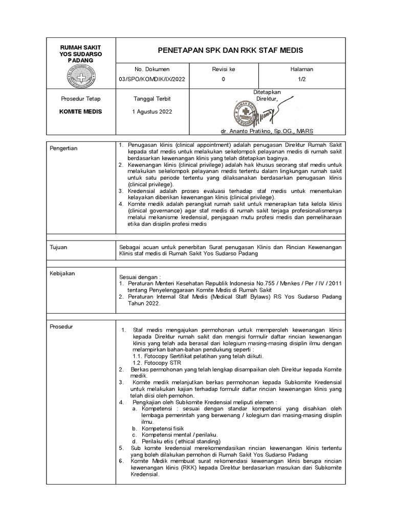 SPO PENETAPAN SPK DAN RKK STAF MEDIS (1) | PDF