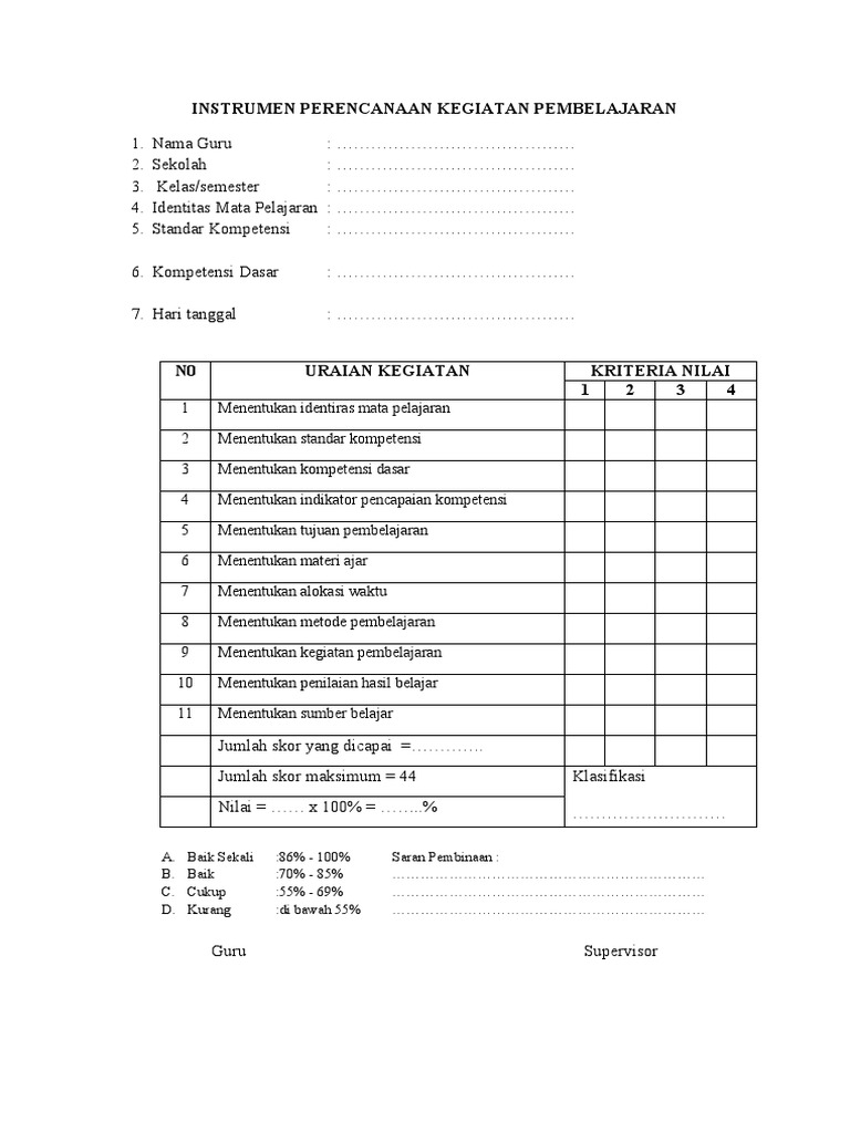 Instrumen Supervisi Perencanaan Kegiatan Pembelajaran | PDF | Karier & Perkembangan | Seni
