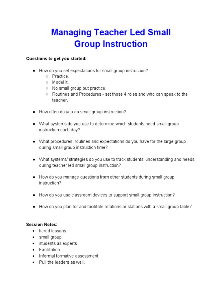 Managing Teacher Led Small Group Instruction Notes | PDF