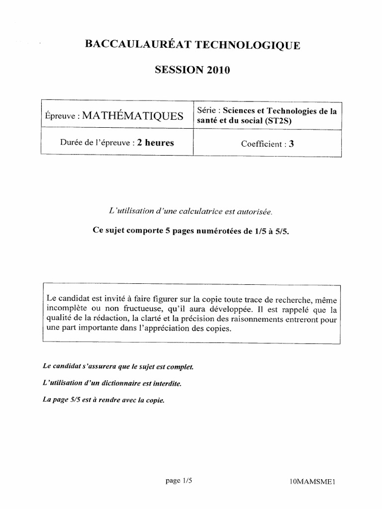 sujet-et-corrige-bac-st2s-2010-mathematiques 2 | PDF