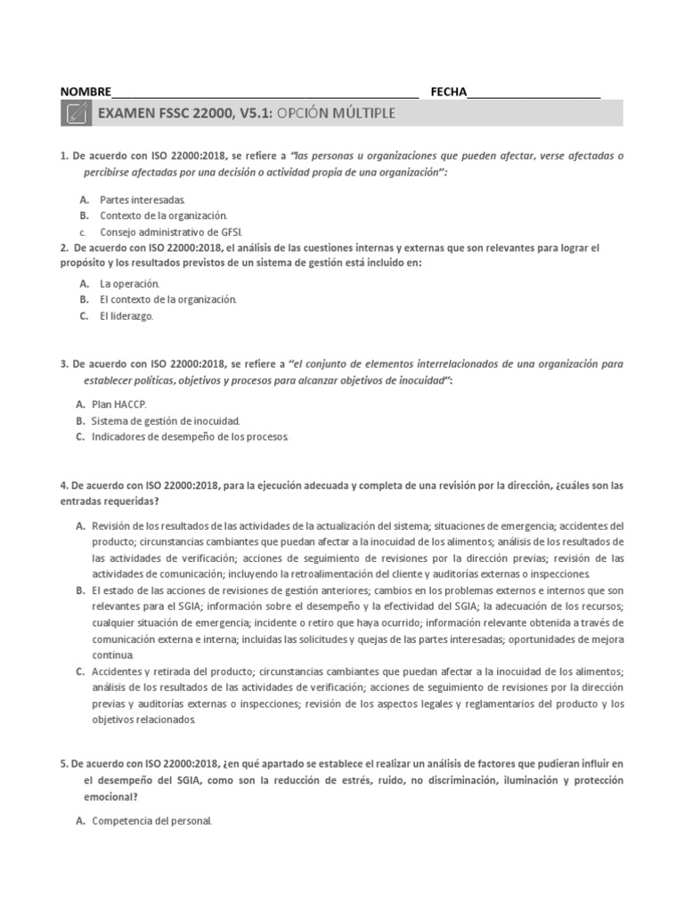 Examen FSSC 22000 V5.1: Opción Múltiple | PDF