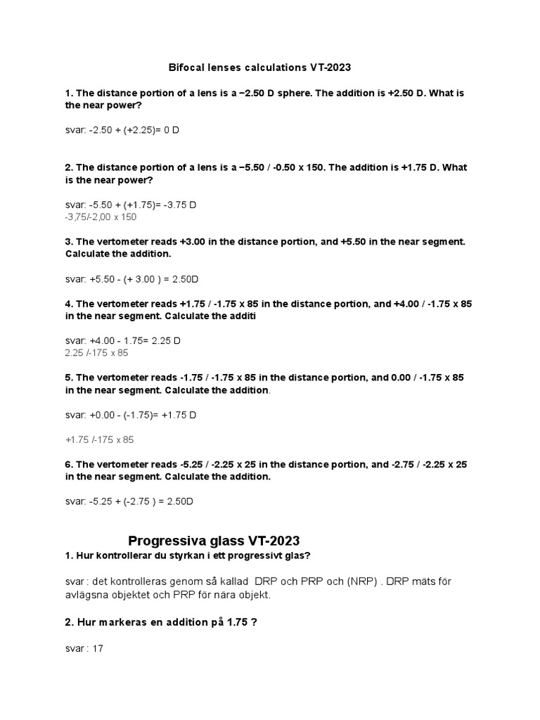 Bifocal Lenses Calculations VT-2023: Svar: - 2.50 + (+2.25) 0 D | PDF