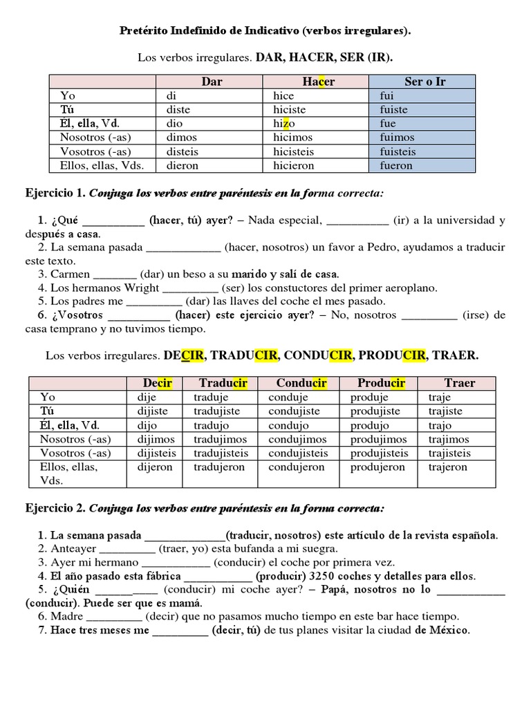 Conjugación de Verbos Irregulares en Pretérito Indefinido | PDF