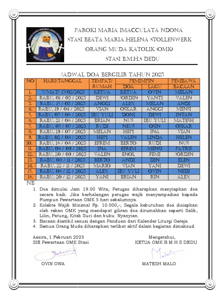 Jadwal Doa Omk Stasi B.M.H.S Dedu 2023 | PDF