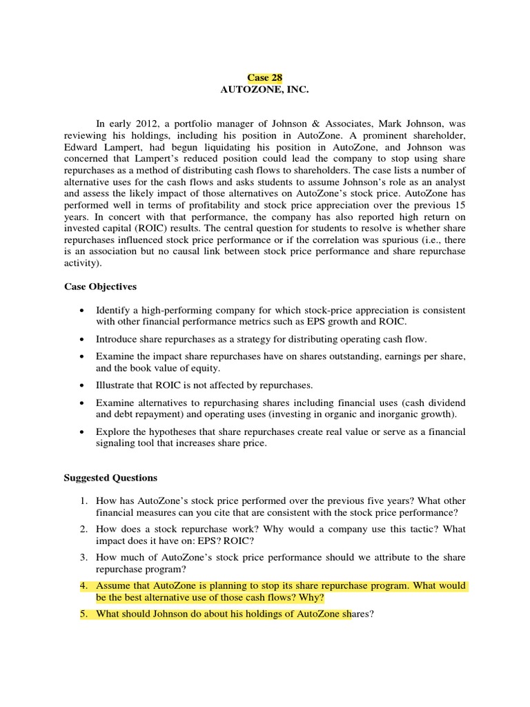 Case 28 - Aanalysis Guidance - Autozone, Inc PDF | PDF | Share Repurchase | Stocks