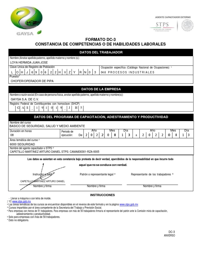 Formato Dc-3 Constancia de Competencias O de Habilidades Laborales | PDF