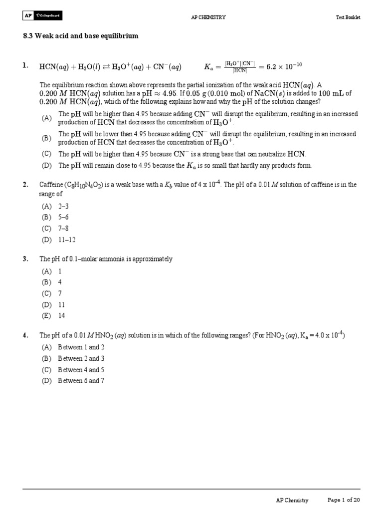 Weak Acid and Base Equilibrium Review | PDF | Acid | Ph