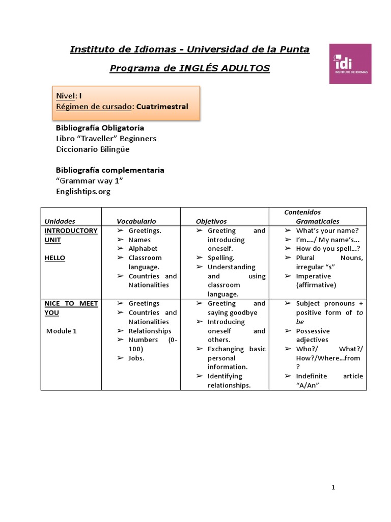 Programa Inglés Adultos - Univ de La Punta | PDF | Verb | Adjective