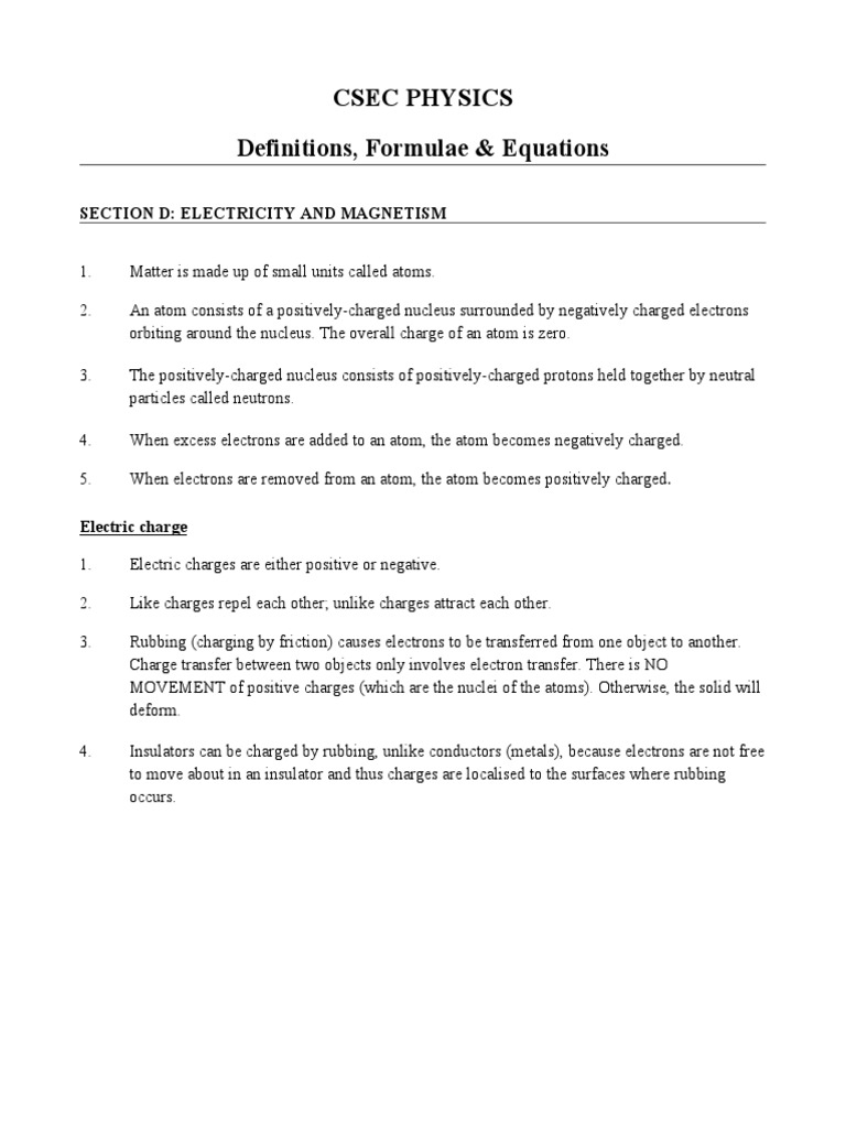 Formulae and Definitions - Section D (Electricity and Magnetism) | PDF ...