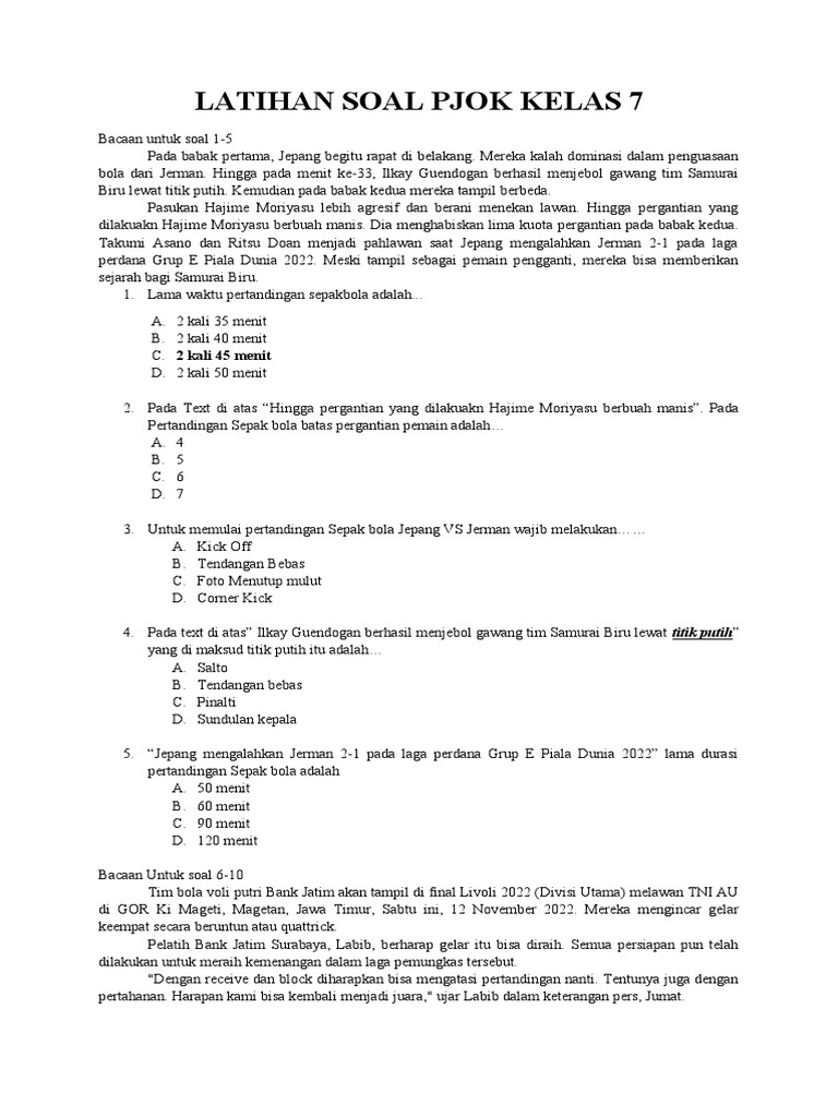 Latihan Soal Pjok Kelas 7 | PDF