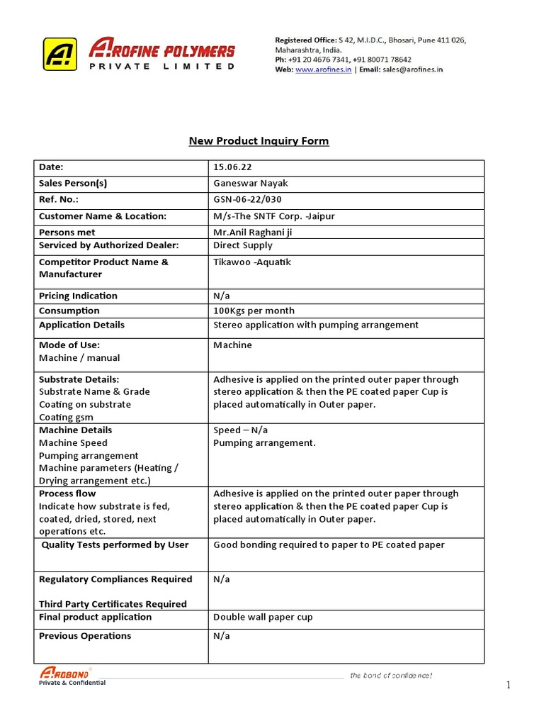 SNTF Corp. Adhesive Inquiry for Cups | PDF | Paper | Secondary Sector Of The Economy