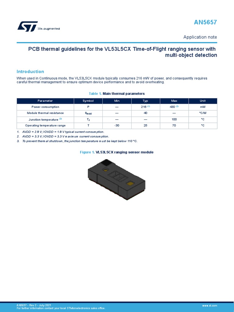 An5657 Pcb Thermal Guidelines For The Vl53l5cx Timeofflight Ranging Sensor With Multiobject