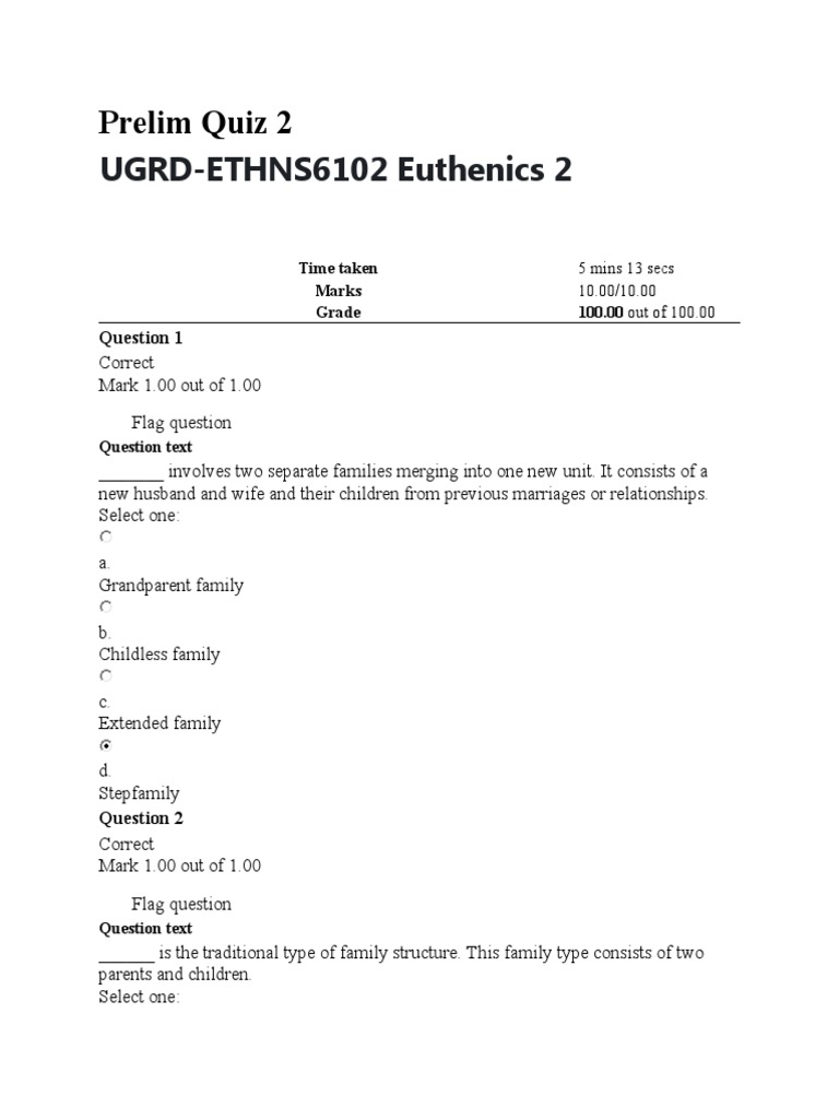 UGRD-ETHNS6102 Euthenics 2 Prelim Quiz 2 | PDF | Family | Grandparent