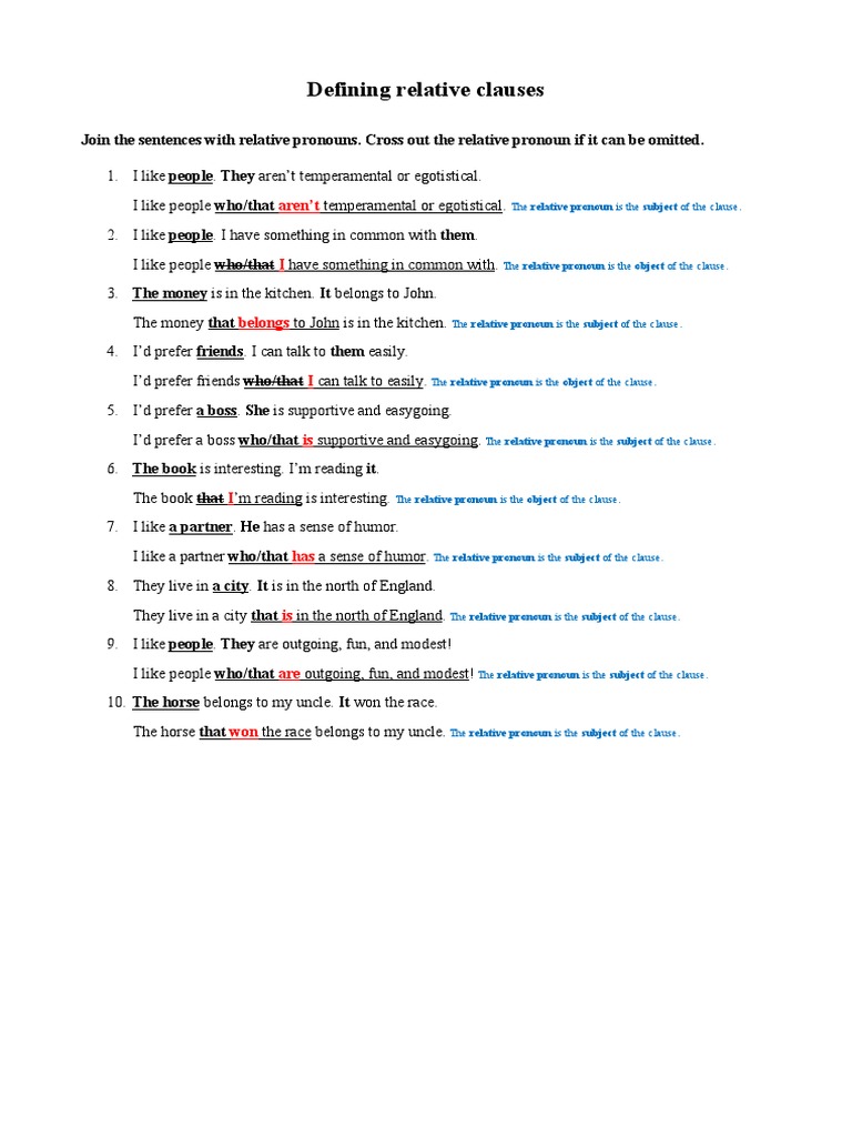 Defining Relative Clauses - Worksheet - Answers | PDF