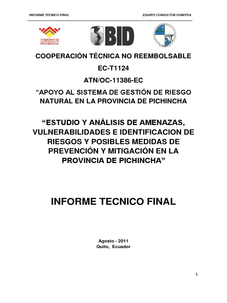 Informe Final Apoyo Al Sistema de Gestión de Riesgo Natural en La Provincia de Pichincha PDF ...