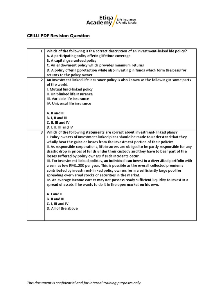 CEILLI Exam Sample Questions Guide | PDF | Insurance | Investment Fund