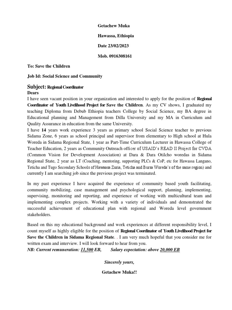 Regional Coordinator Application for Save the Children Youth Livelihood Project | PDF ...