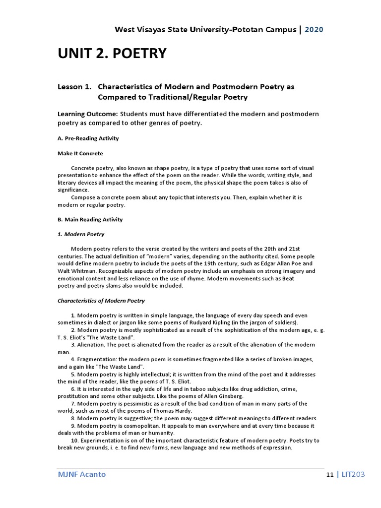 Module in LIT 203 Unit 2 Lessons 1-6 | PDF | Poetry | Rhyme