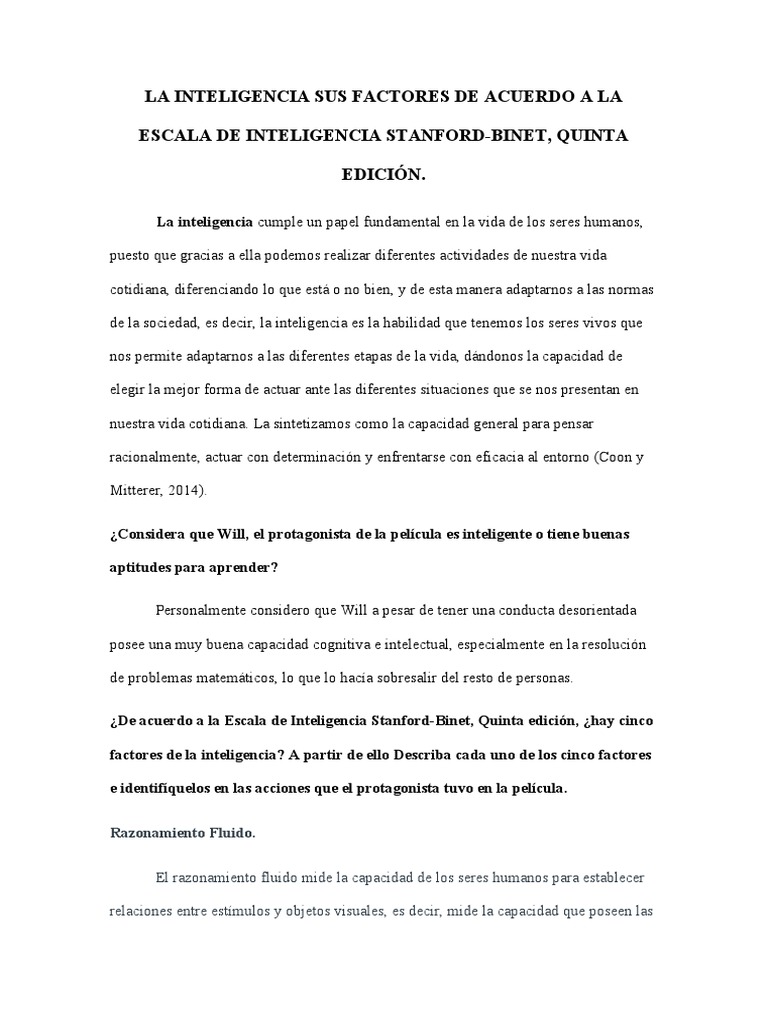 La Inteligencia Sus Factores de Acuerdo A La Escala de Inteligencia Stanford-Binet, Quinta ...