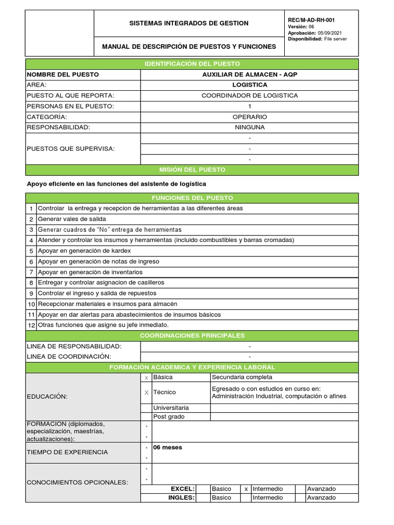 Perfil de Auxiliar de Almacen | PDF | Logística | Business
