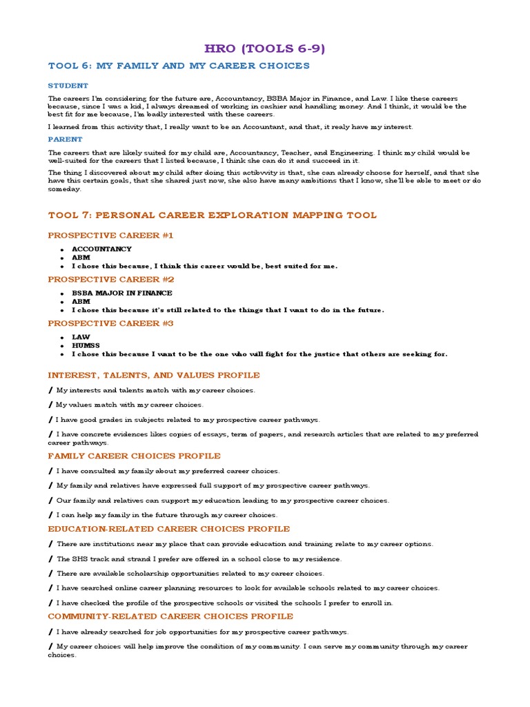 HRO (TOOLS 6-9) : Tool 6: My Family and My Career Choices | PDF ...