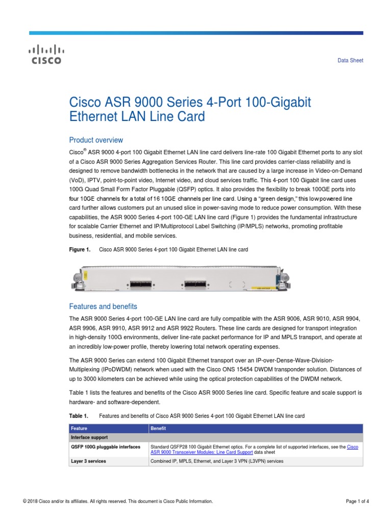 Cisco Asr 9000 Series 4 Port 100 Gigabit Ethernet Lan Line Card Data