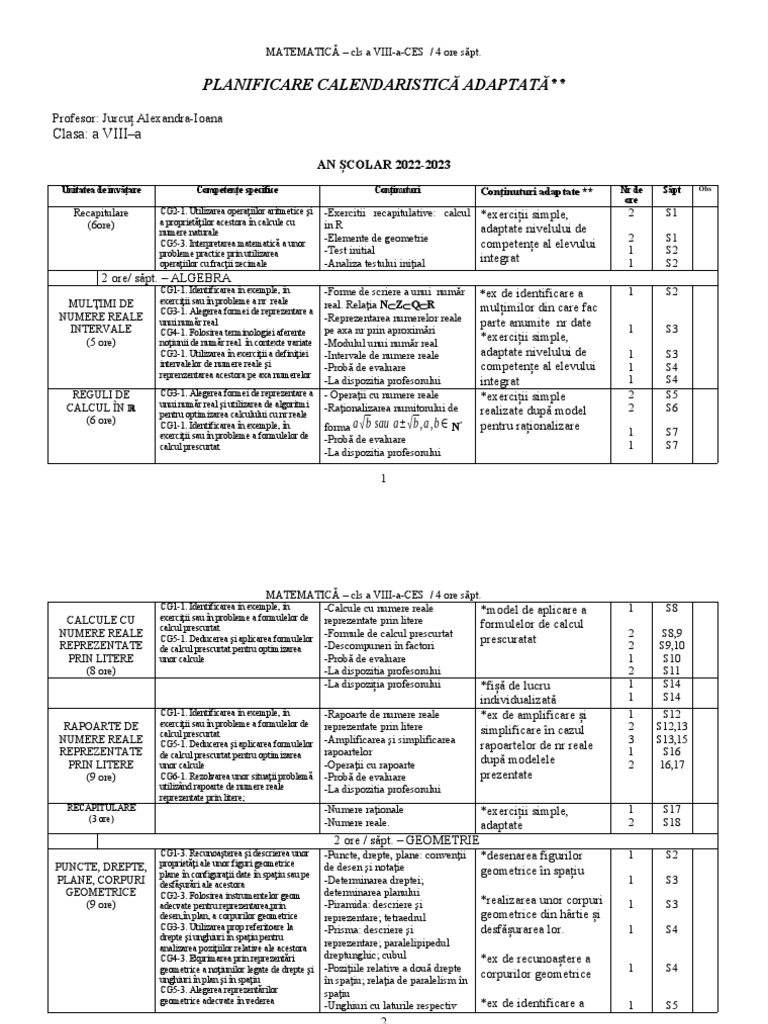 0 Planificare Adaptata Elev Ces 8 | PDF