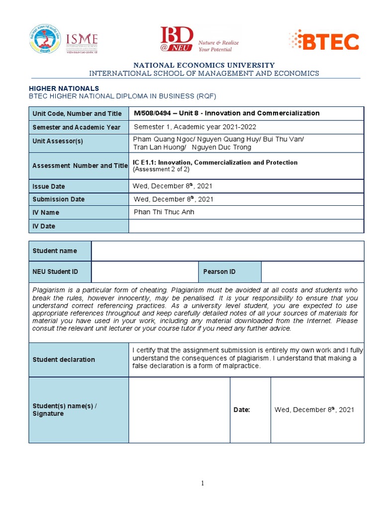 IC Semester 1 20212022 - Exam Brief - TC - 25.11.21.verified | PDF | Turnitin | Innovation