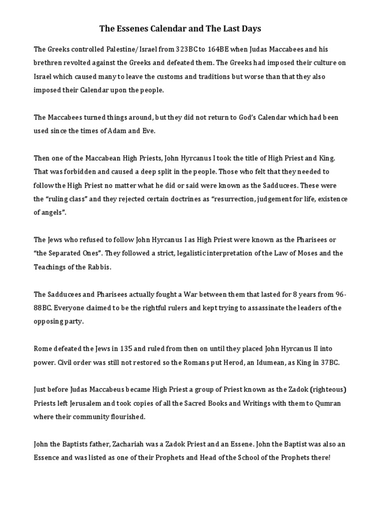 The Essenes Calendar and The Last Days | PDF | Pharisees | Maccabees