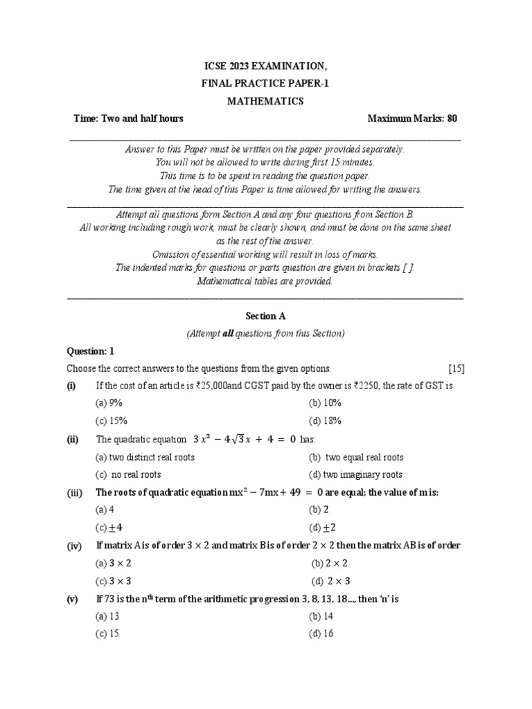 ICSE Final Practice Paper-1 PDF | PDF | Circle | Triangle