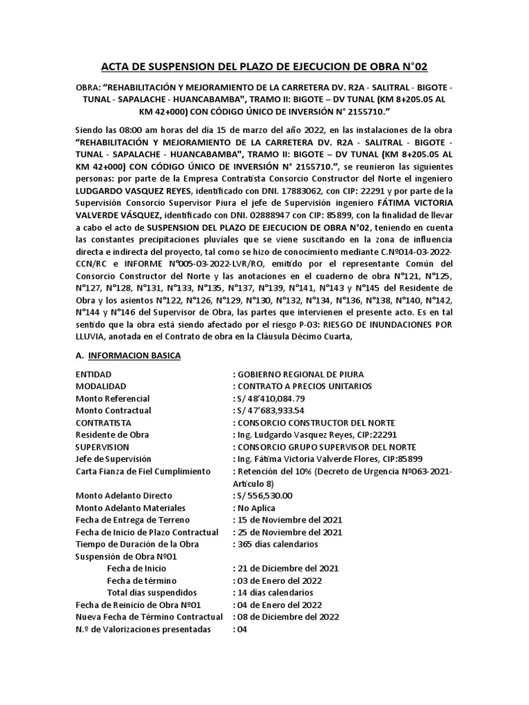 Acta de Suspension Del Plazo de Ejecucion de Obra N°02 - Piura | Descargar gratis PDF ...