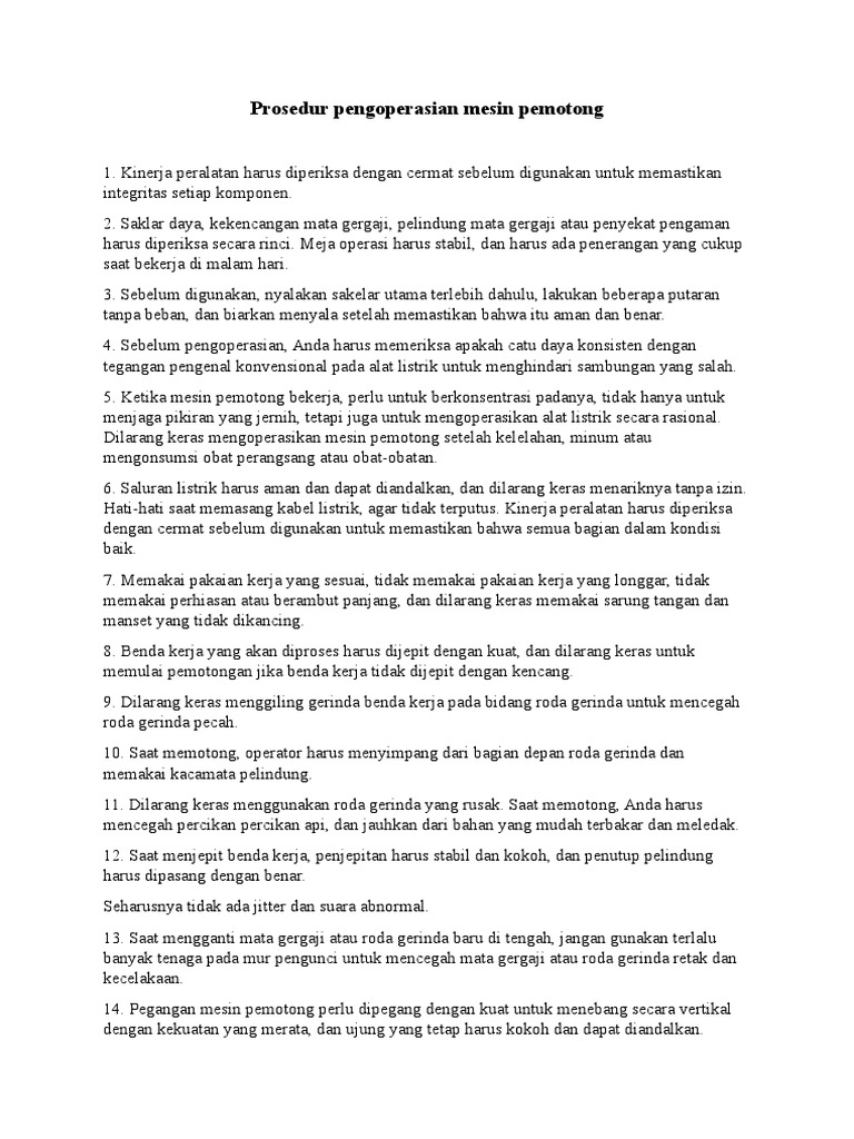 Prosedur Aman Pengoperasian Mesin Pemotong | PDF
