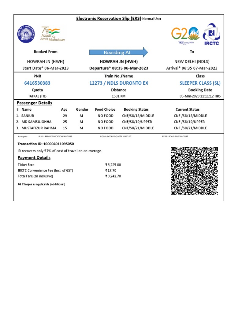 Ndls Duronto Ex Sleeper Class (SL) : Electronic Reserva On Slip (ERS) | PDF