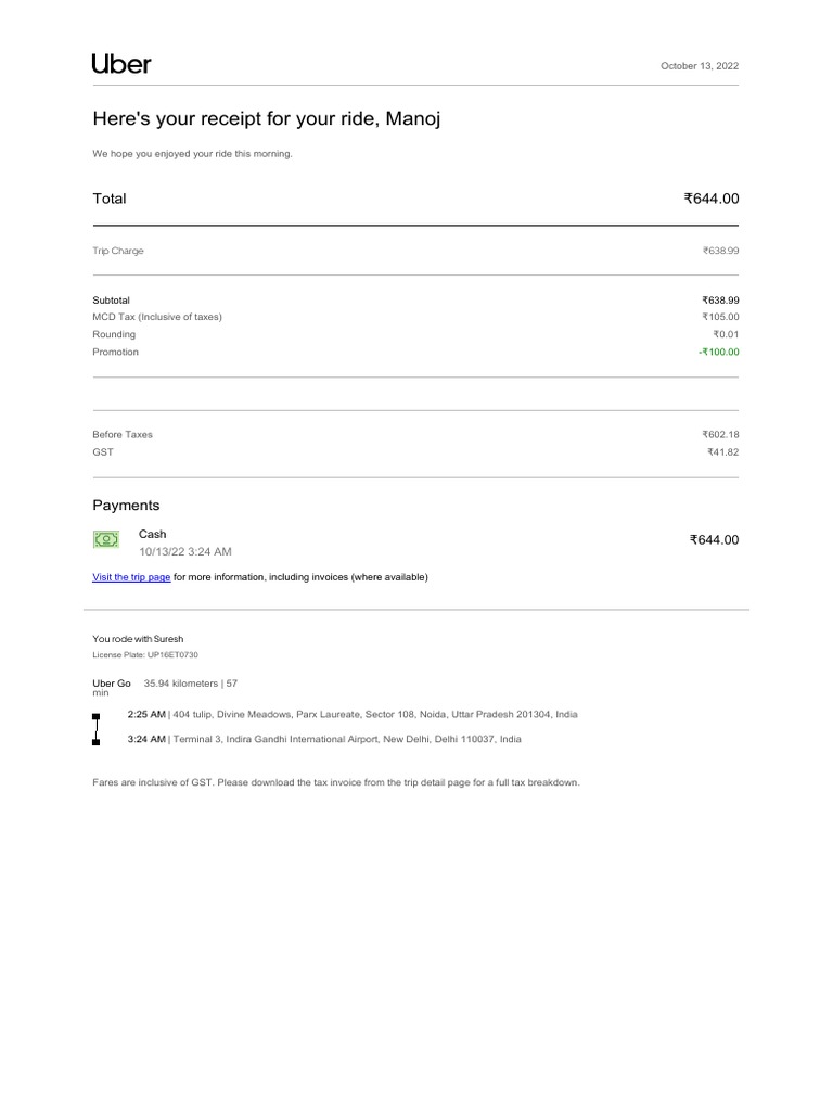Noida to Delhi Airport Uber Receipt | PDF