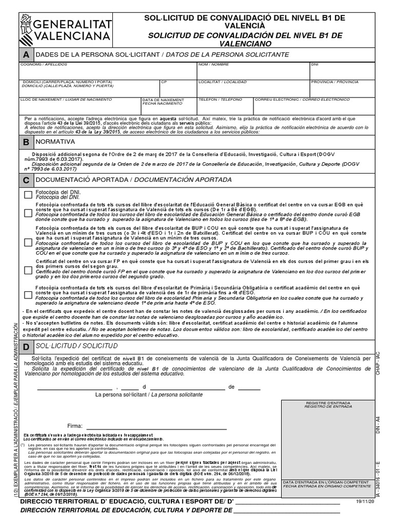 Solicitud de Convalidación Del Nivel B1 de Valenciano | PDF