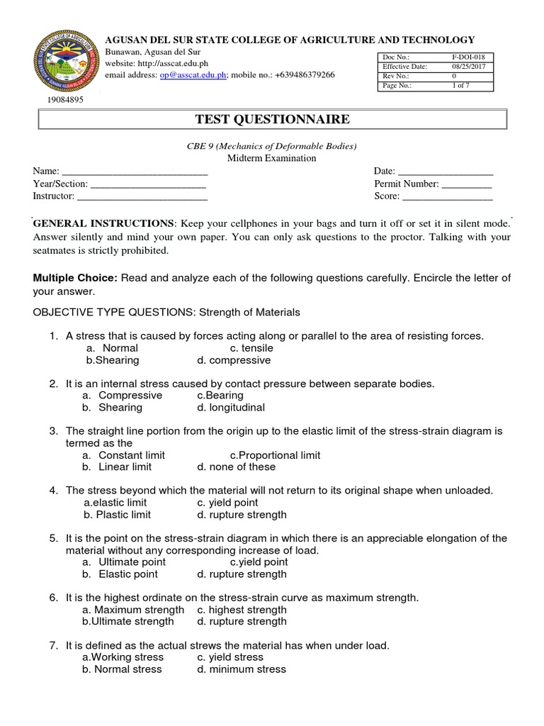 Test Questionnaire: GENERAL INSTRUCTIONS: Keep Your Cellphones in Your ...