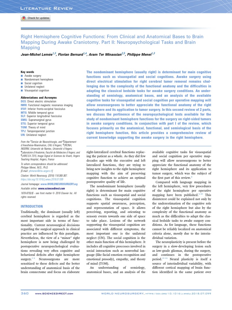 Right Hemisphere Cognitive Functions - From Clinical and Anatomical Bases To Brain Mapping ...