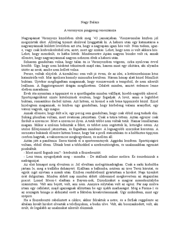 Nagy Balázs - A Voronyezsi Pingpong Reneszánsza | PDF