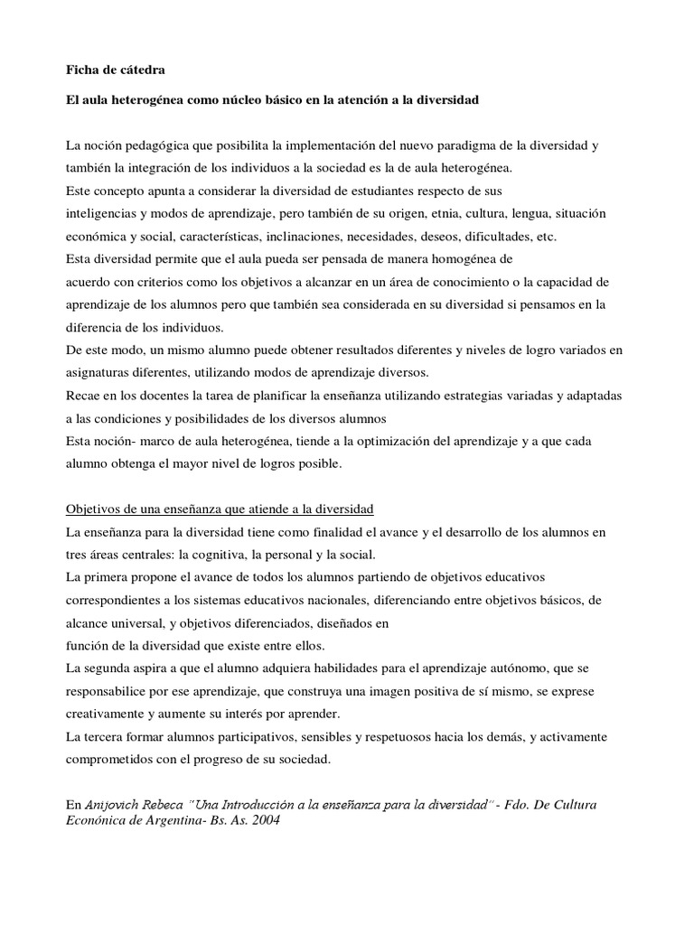 Ficha de Catedra-El Aula Heterogenea Como Nucleo Básico en La Atención ...