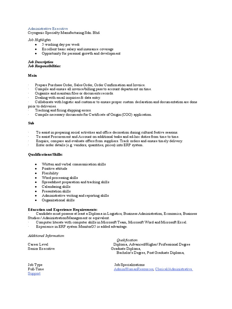 Administrative Executive Job Advertisement | PDF