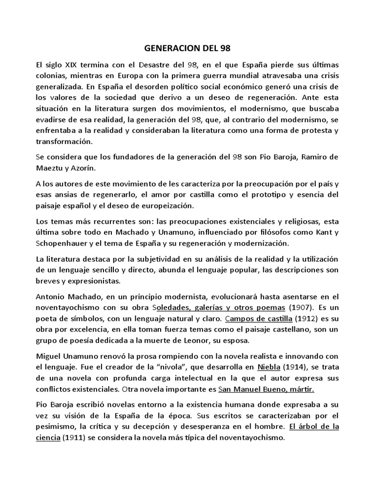 Generacion Del 98 | PDF | Novelas