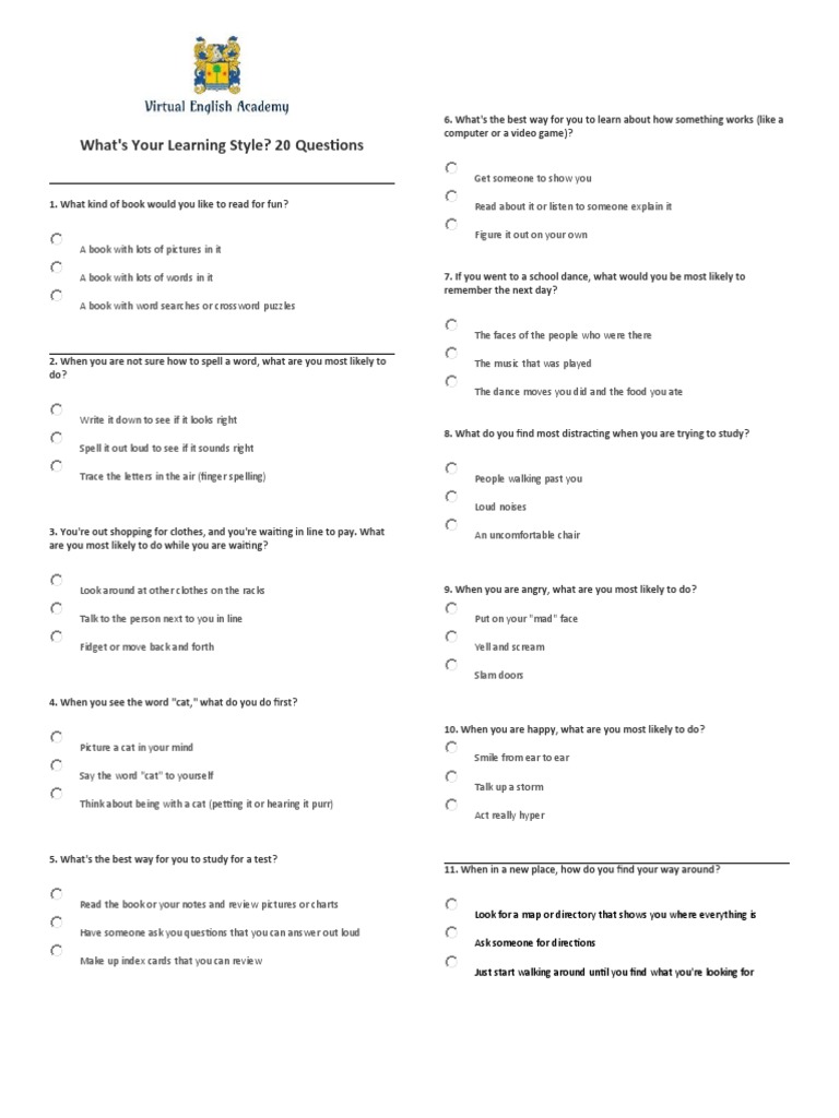 What's Your Learning Style? 20 Questions | PDF