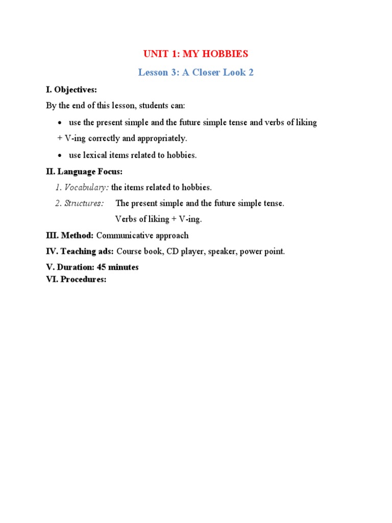 My Hobbies Lesson 3: A Closer Look | PDF | Grammatical Tense | Language ...