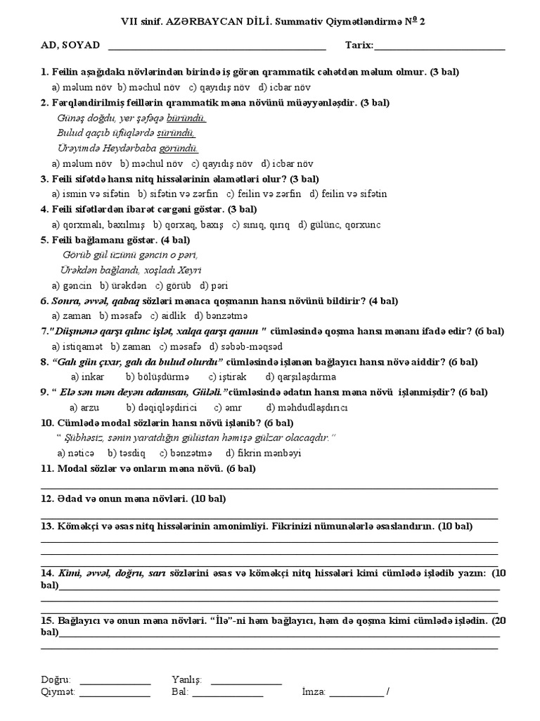 7-Ci Sinif Azərbaycan Dili SQ-2 | PDF