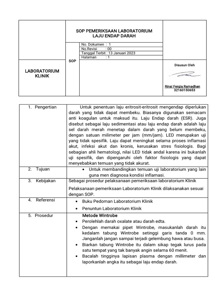 SOP Laju Endap Darah Laboratorium | PDF | Sains & Matematika