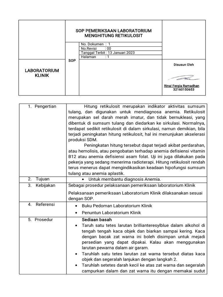 Sop Pemeriksaan Laboratorium Menghitung Retikulosit | PDF