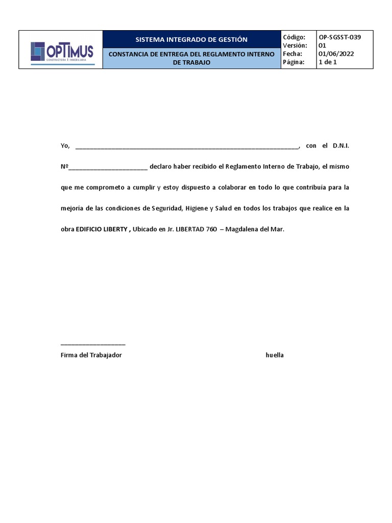 Constancia Entrega Del Reglamento Interno de Trabajo | PDF