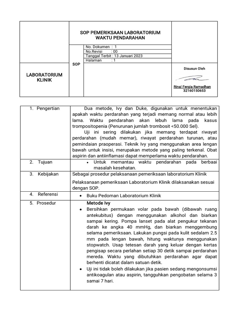 Sop Pemeriksaan Laboratorium Waktu Pendarahan | PDF